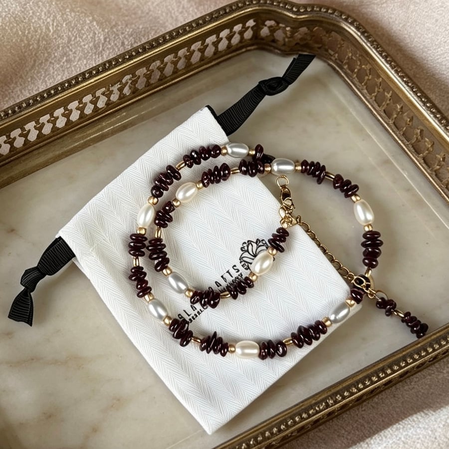 Garnet and Freshwater Pearl Necklace - Folksy