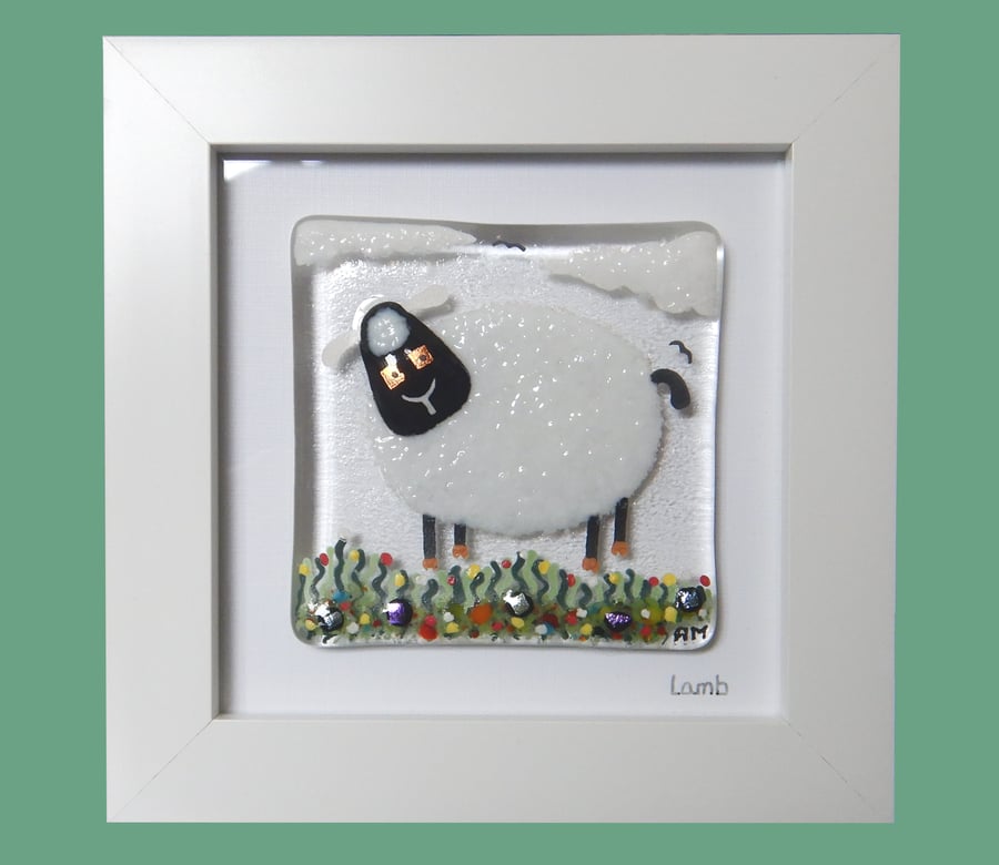 Handmade Fused Glass 'White Sheep' Picture - Folksy