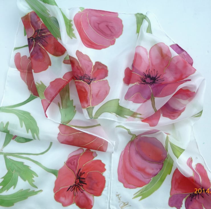 Red Poppy hand painted silk scarf size 25 x 150cm - Folksy