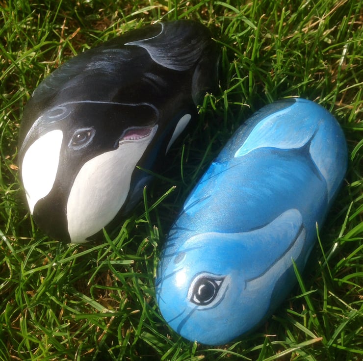 Dolphin and killer whale hand painted stones - Folksy