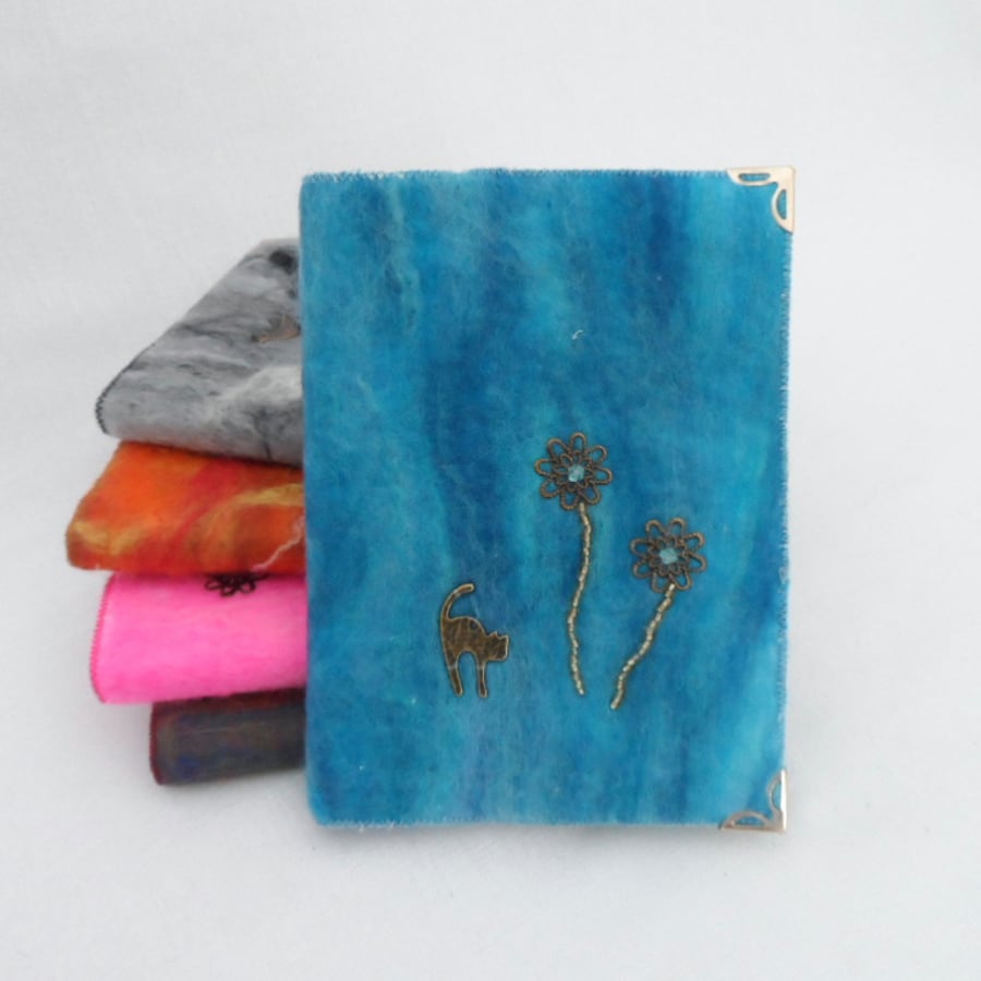 Notebook, removable felt cover, blue with cat - Folksy
