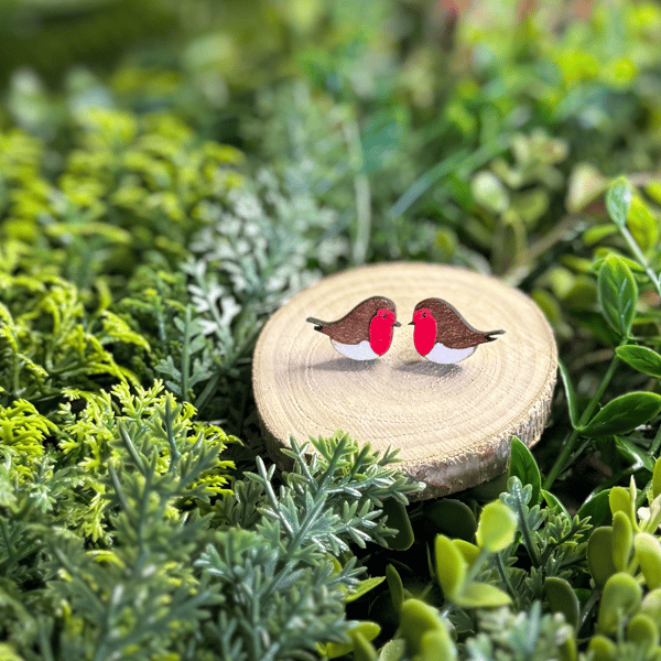 Wooden Robin Stud Earrings - laser cut, hand pa... - Folksy