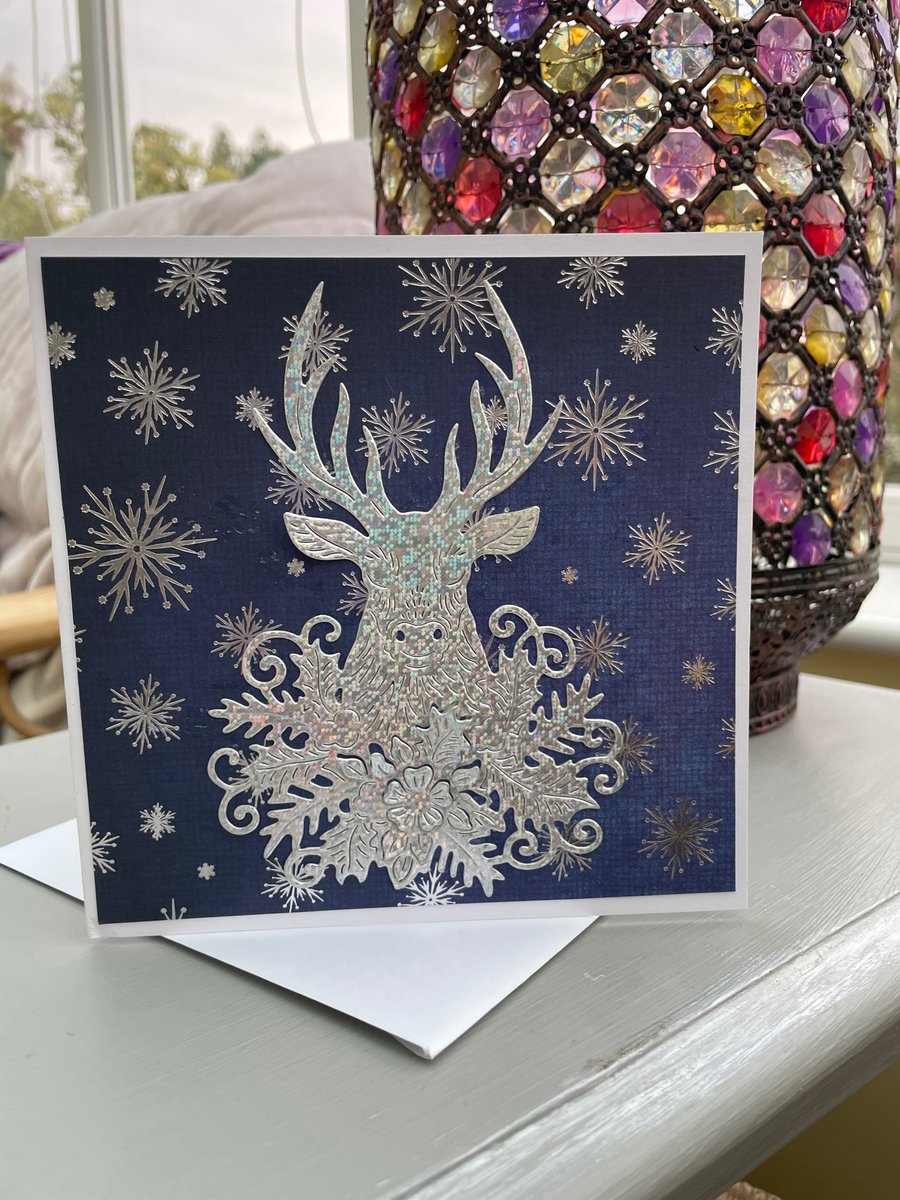 Stags head and snowflake Christmas card - Folksy