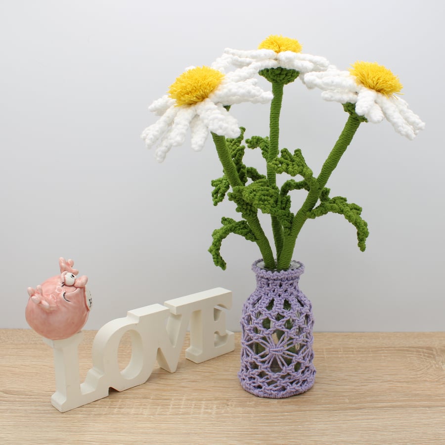 Vase of Macrame daisy flowers - textile flowers... - Folksy