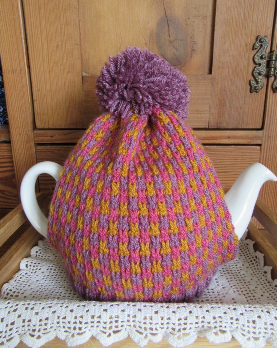 Hand knitted autumn tweed tea cosie - Folksy