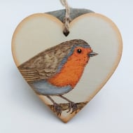 Robin handpainted and pyrography hanging heart - Folksy