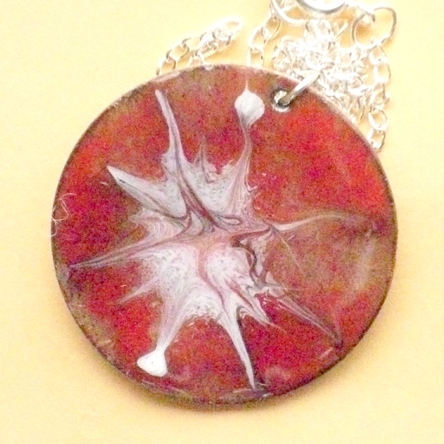 enamel pendant - round, scrolled white over red - Folksy
