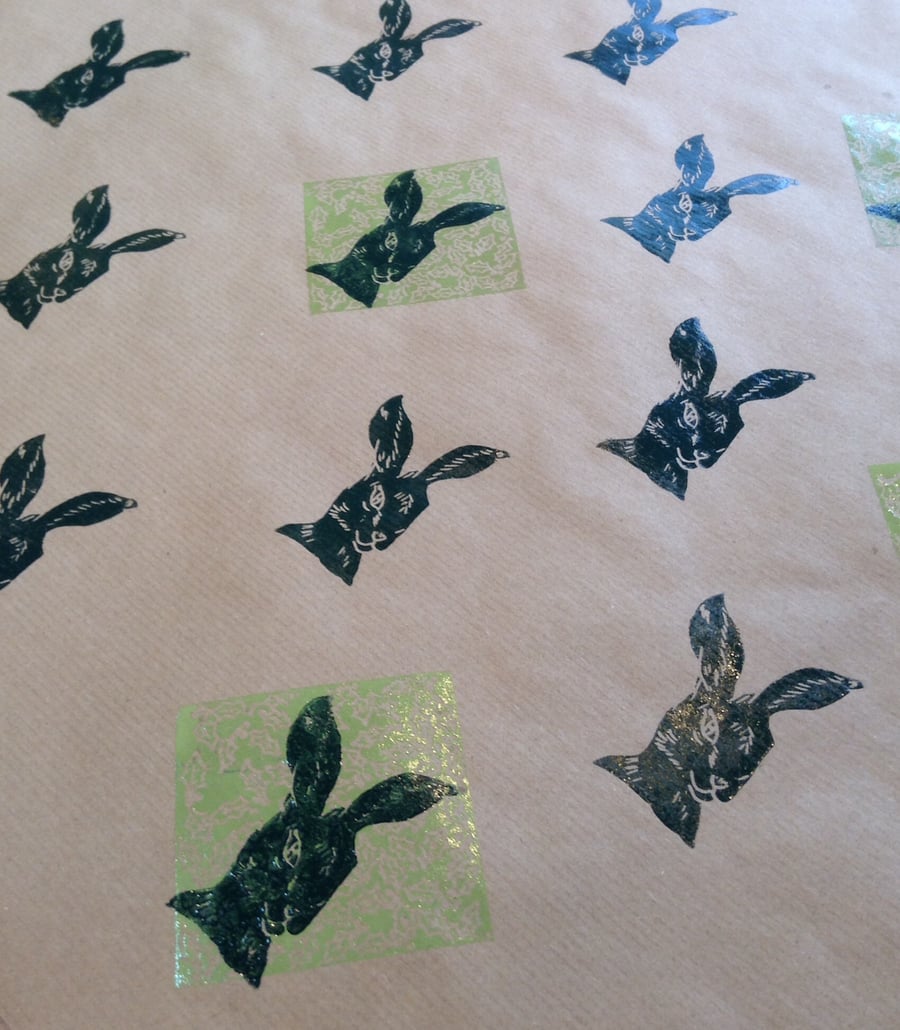 Hand printed Hare & Holly Gift Wrap - Folksy