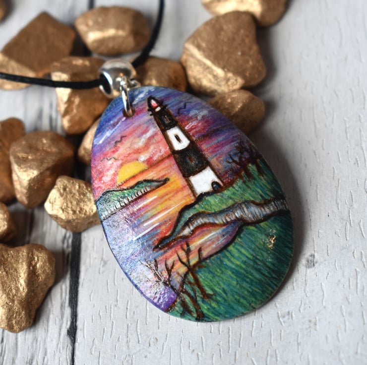 Pyrography lighthouse sunset wooden pendant. - Folksy