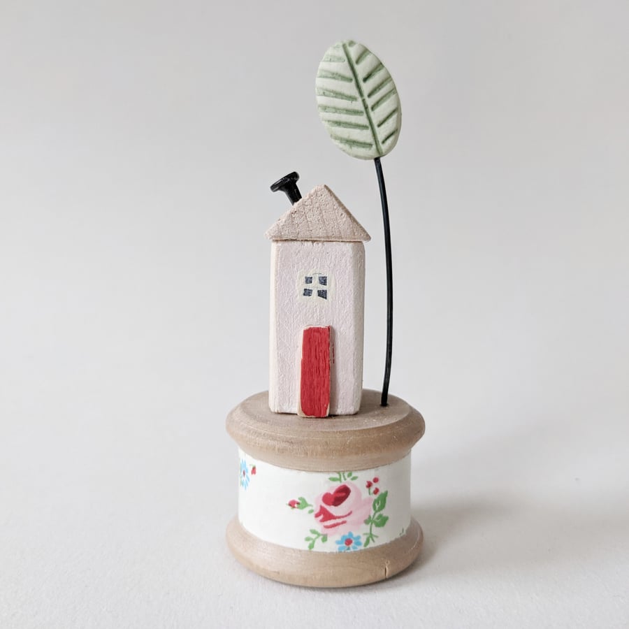 Wooden House on a Vintage Bobbin with Clay Tree - Folksy
