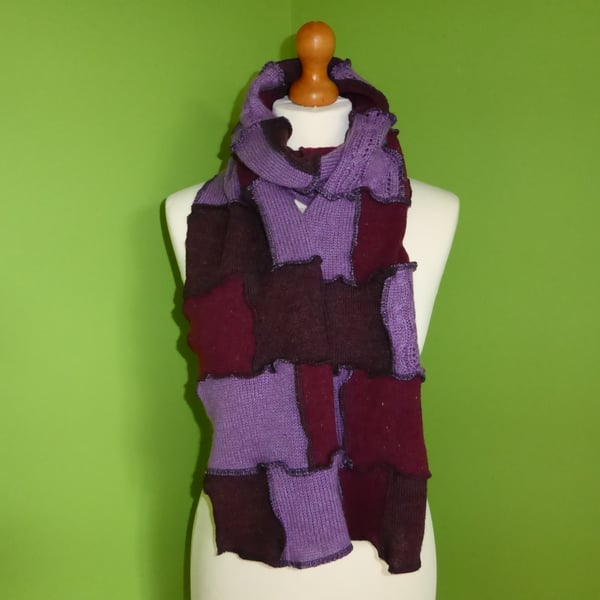 Upcycled Patchwork Wool Long Scarf in Burgundy - Folksy