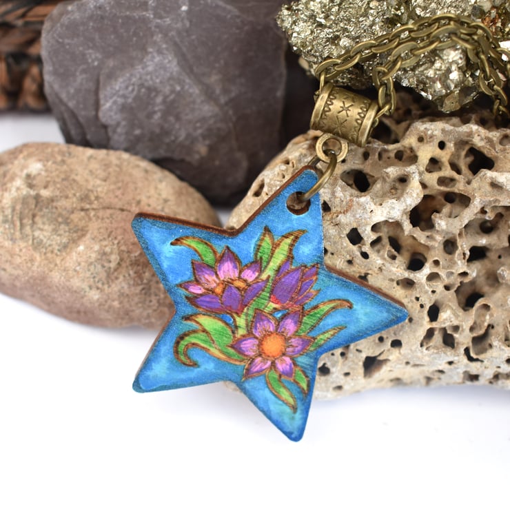 Bouquet on Blue Hand Burned and Coloured Pyrogr... - Folksy