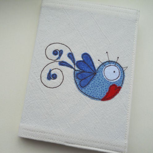 embroidered notebook - blue bird fabric cover - A6 - Folksy