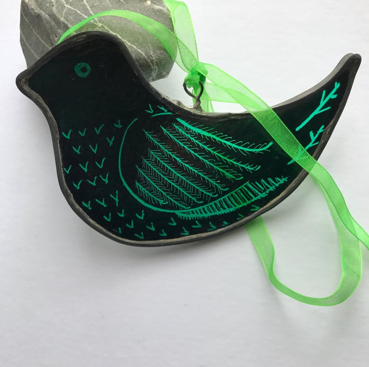 Emerald green bird inspired by folk art, staine... - Folksy