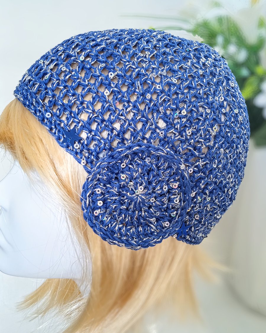 Blue and Silver Sequin Abba Style Crochet Hat - Folksy