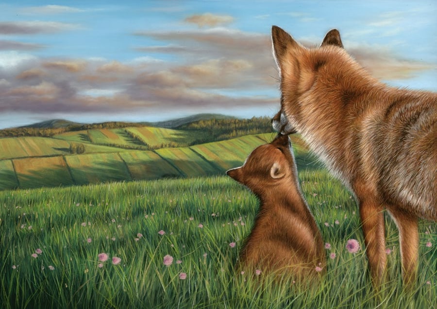 Pastel artwork of a Fox and Cub - Folksy