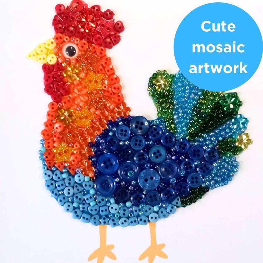 Cockerel rooster framed button art mosaic artwo... - Folksy