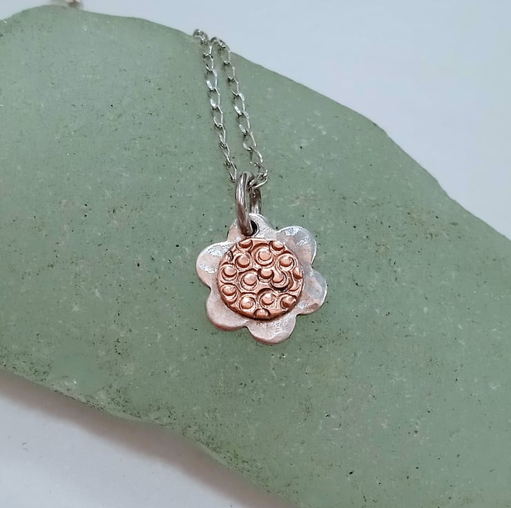 Sterling Silver and Copper Flower Pendant Neckl... - Folksy