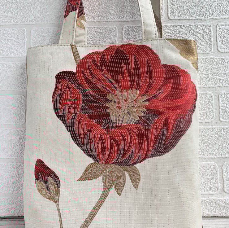 Cream tote bag with large red and gold flower - Folksy