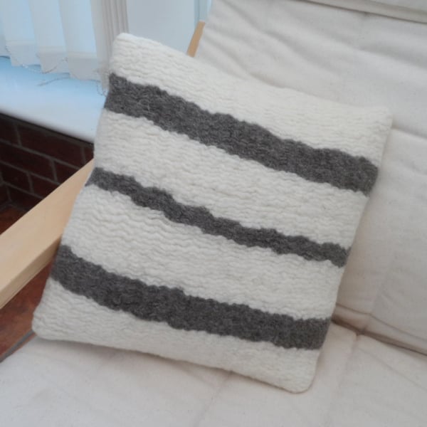 Felted woven cushion in white with grey stripes... - Folksy