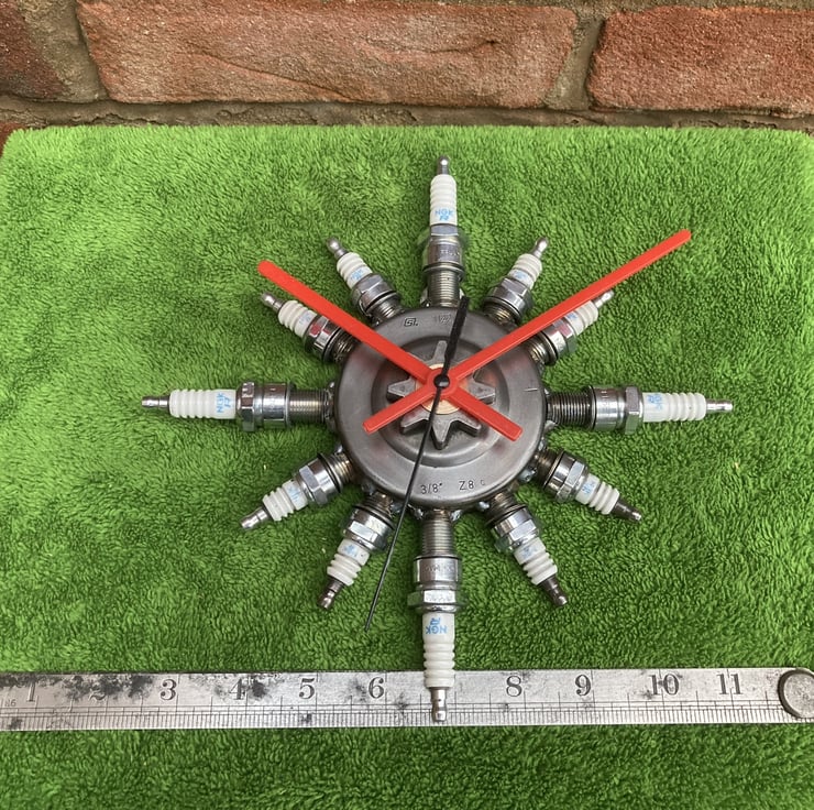 Sunburst Wall Clock, Repurposed Spark Plugs - Folksy