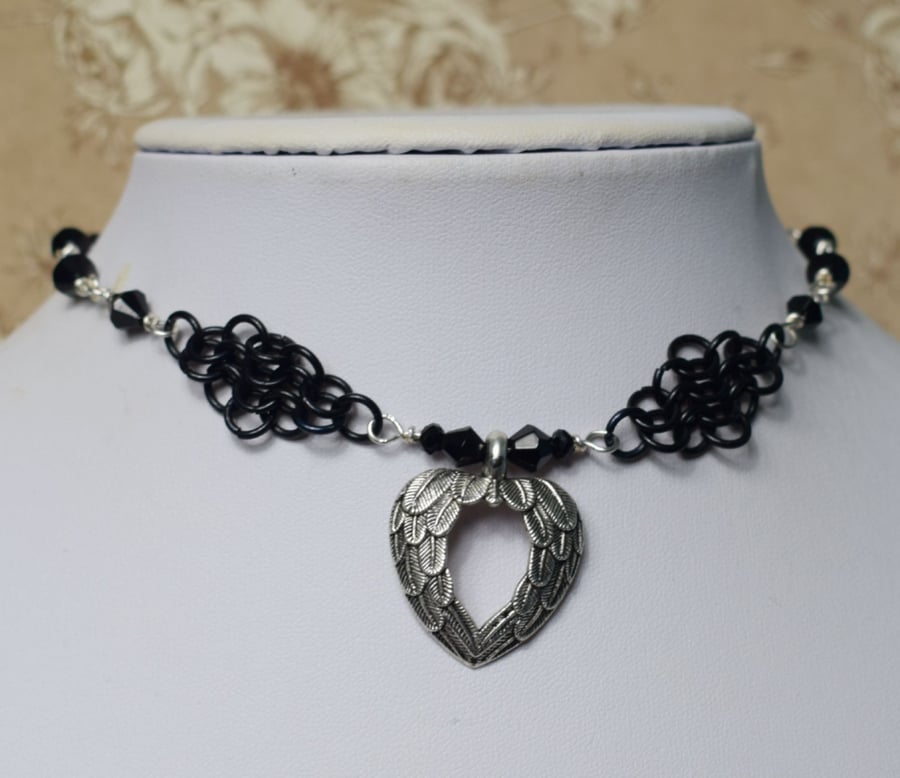 Black and Silver Angel Wings Choker - Folksy