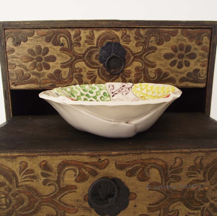 Ceramic bowl patchwork design bright flowers po... - Folksy