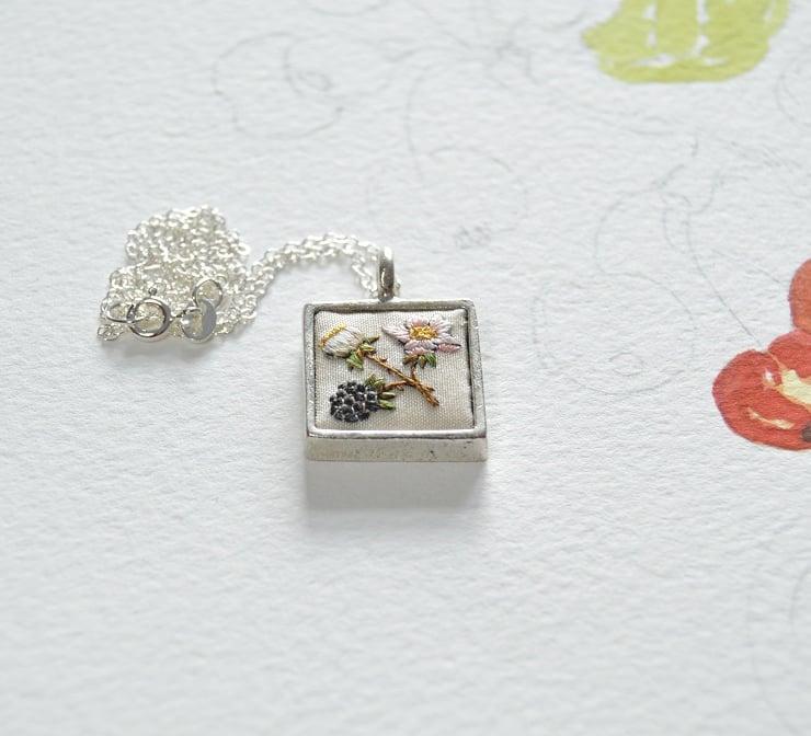 Hand embroidered bramble pendant - Folksy