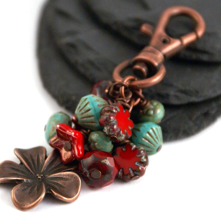 Red & Turquoise Flower Bag Charm - Folksy