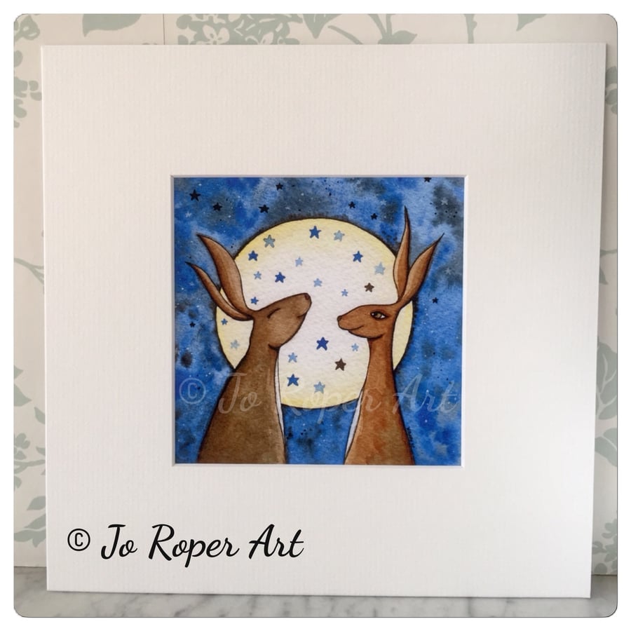 Hares and The Moon mounted print Jo Roper - Folksy