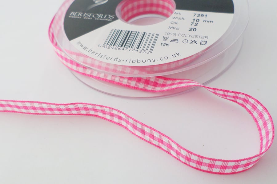Pink Gingham ribbon 10mm wide x 4 metres - Folksy