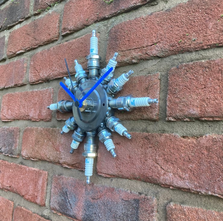 Sunburst Wall Clock, Repurposed Spark Plugs - Folksy