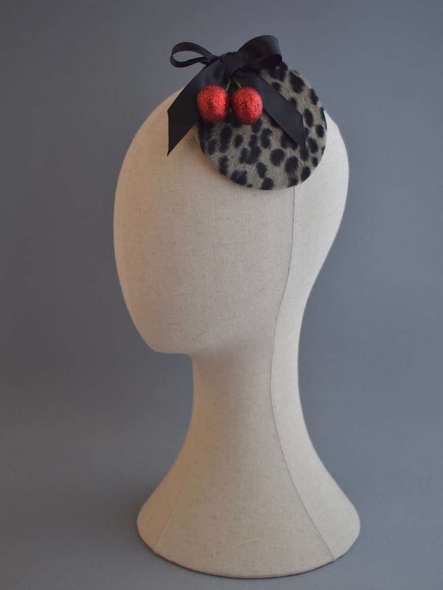 Leopard Print Faux Fur Fascinator with Cherries - Folksy