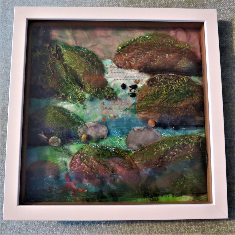Textile artwork-rock pool-framed picture-coasta... - Folksy