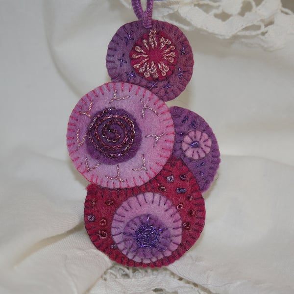 Embroidered Felt Pendant - pink , lilac and pur... - Folksy