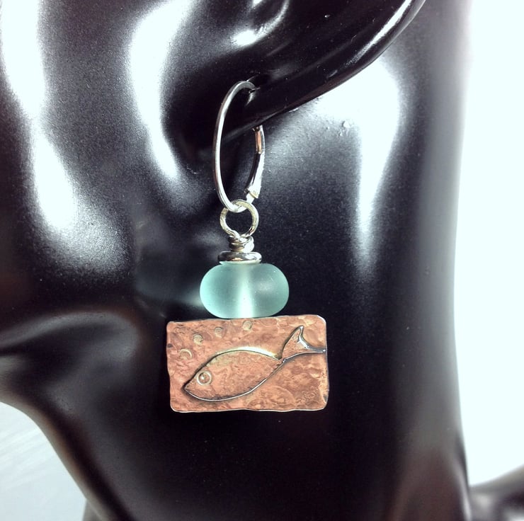 Silver fish earrings with aqua sea glass - Folksy