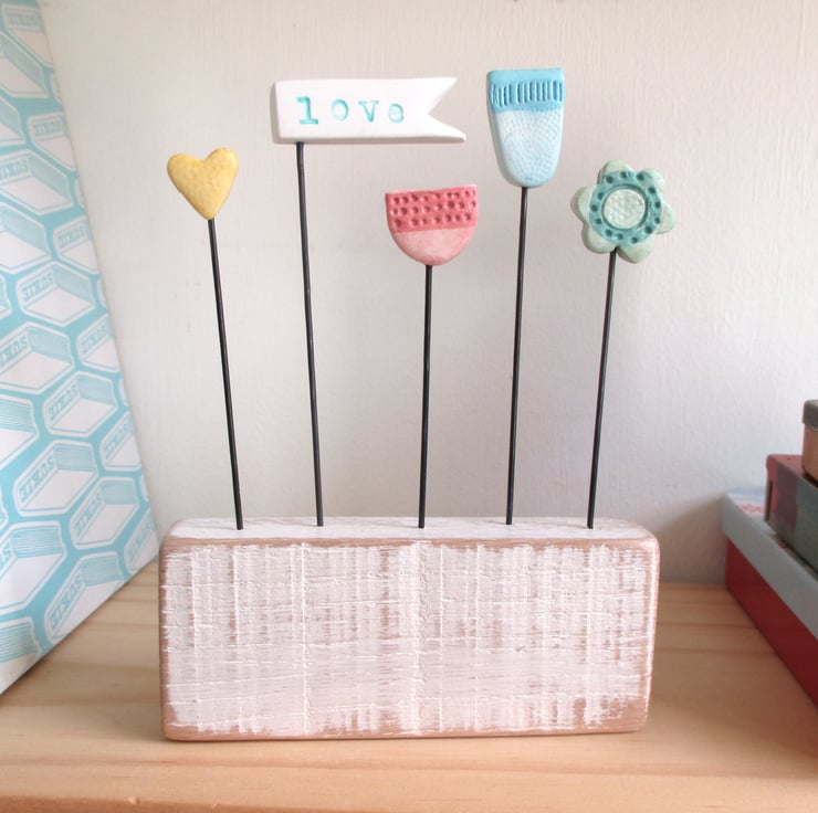 Clay Flower Garden with 'Love' Banner - Folksy