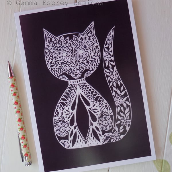 'Lacy Cat' in Black - A5 Greetings Card - Folksy