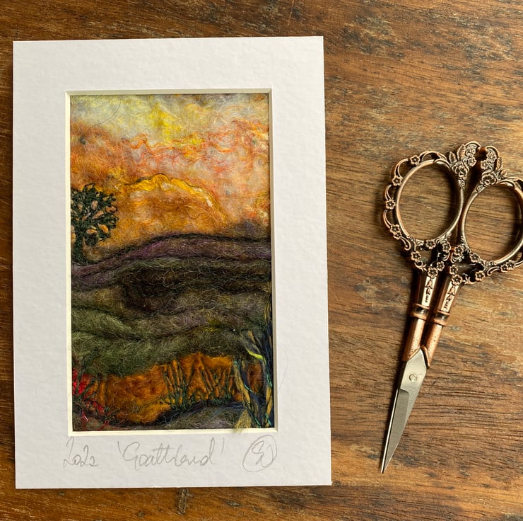 Embroidered wet felting sunset moorland landsca... - Folksy