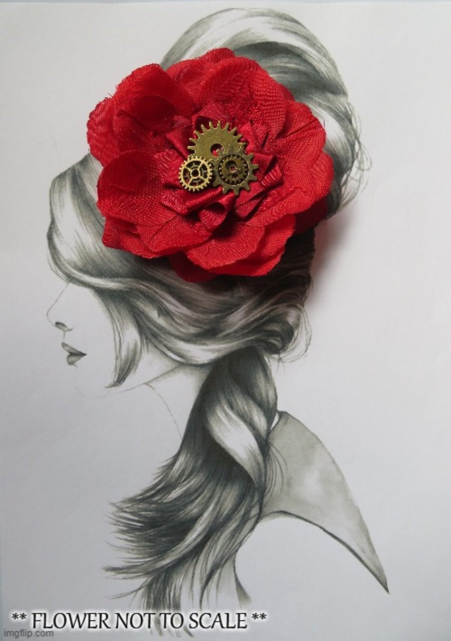 Ruby Red Steampunk Rose Flower Cogs Vintage Hai... - Folksy