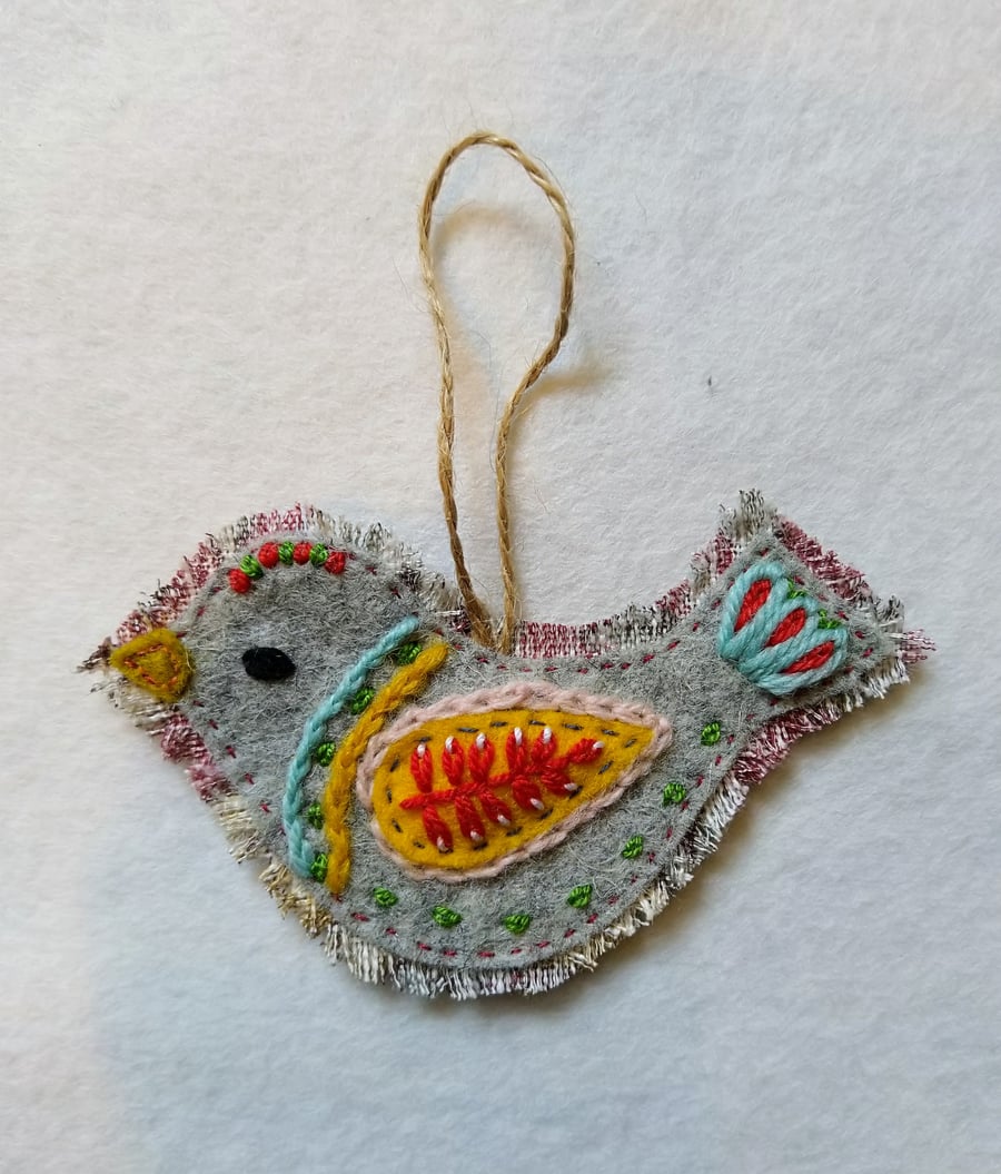 Hand embroidered folk bird hanging decoration - Folksy