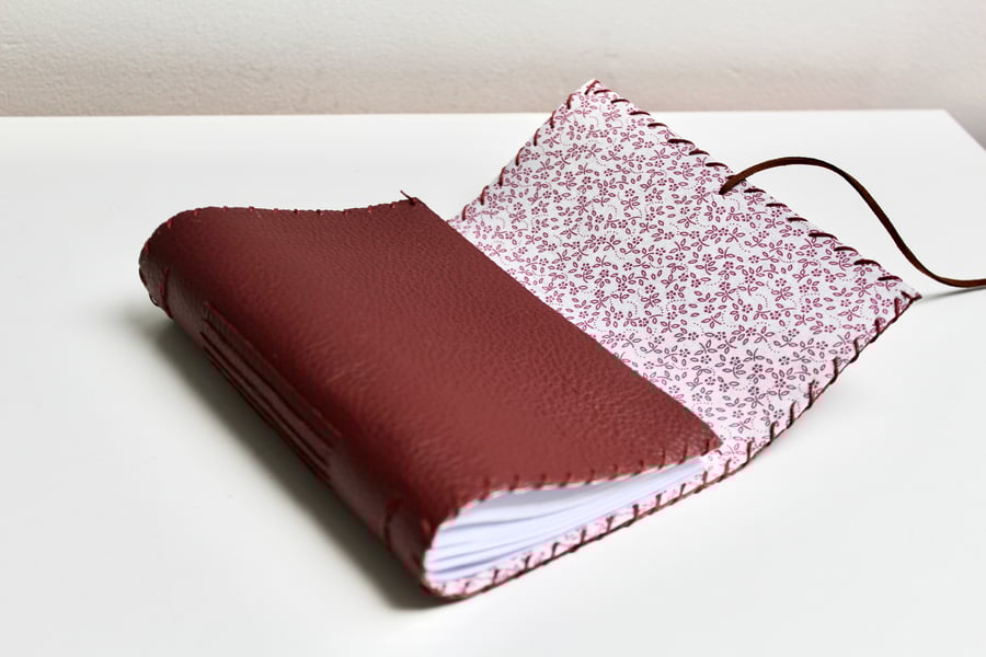 A6 Fold Over Red Leather handmade notebook flor... - Folksy