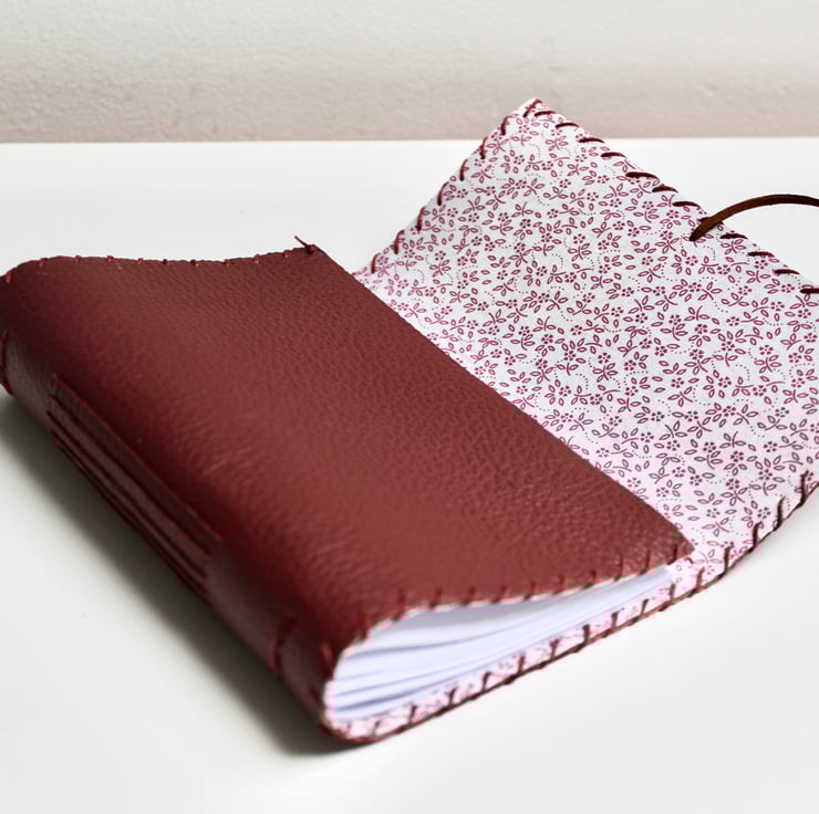 A6 Fold Over Red Leather handmade notebook flor... - Folksy