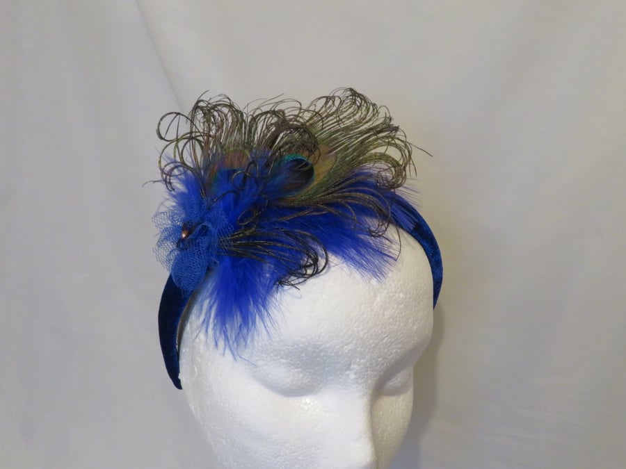 Royal Blue Peacock Feather Velvet Headband - Folksy