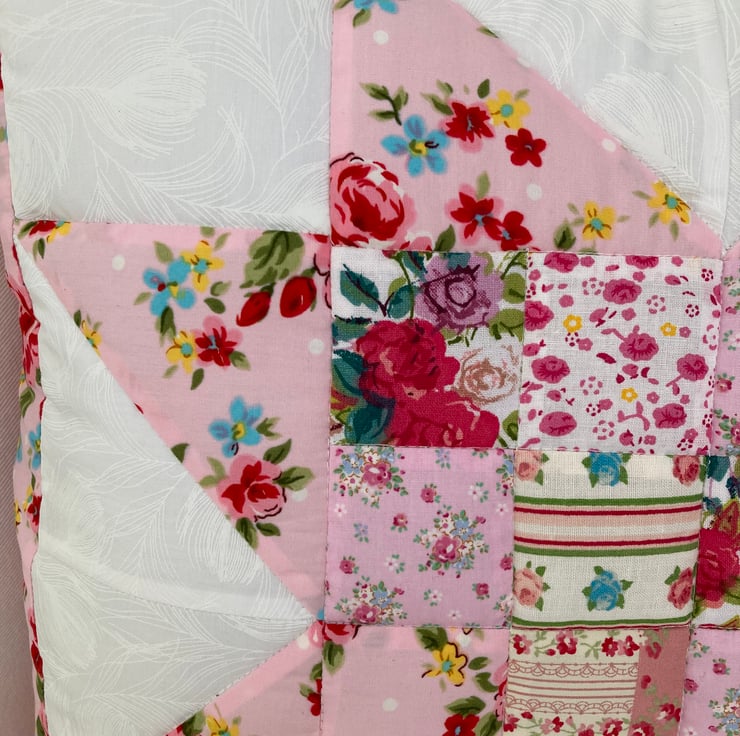 Handmade Patchwork Cushion. Rose Pink and White... - Folksy