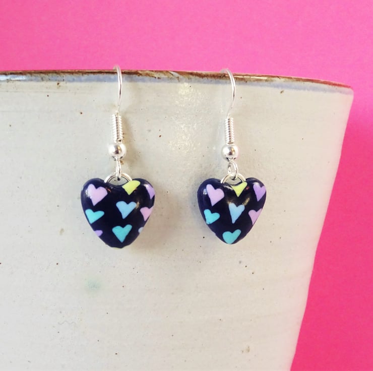 Navy blue heart earrings, Pastel heart pattern,... - Folksy