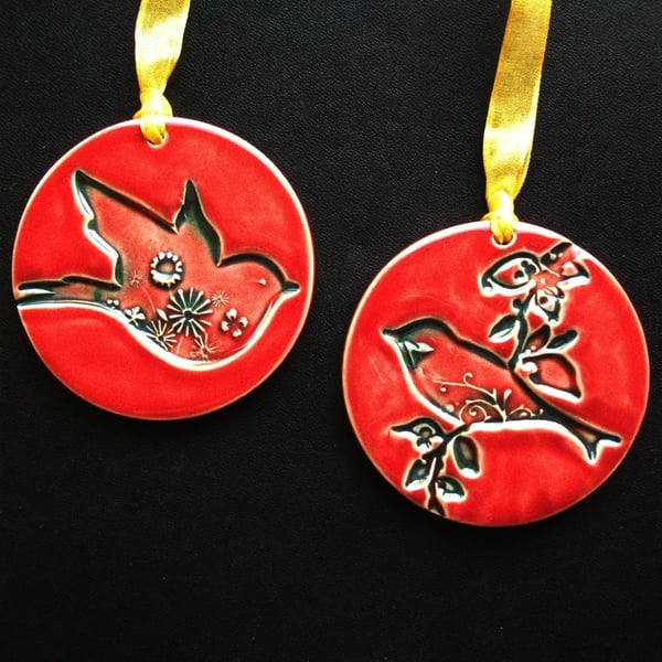 Set of two large red ceramic bird hanging decor... - Folksy