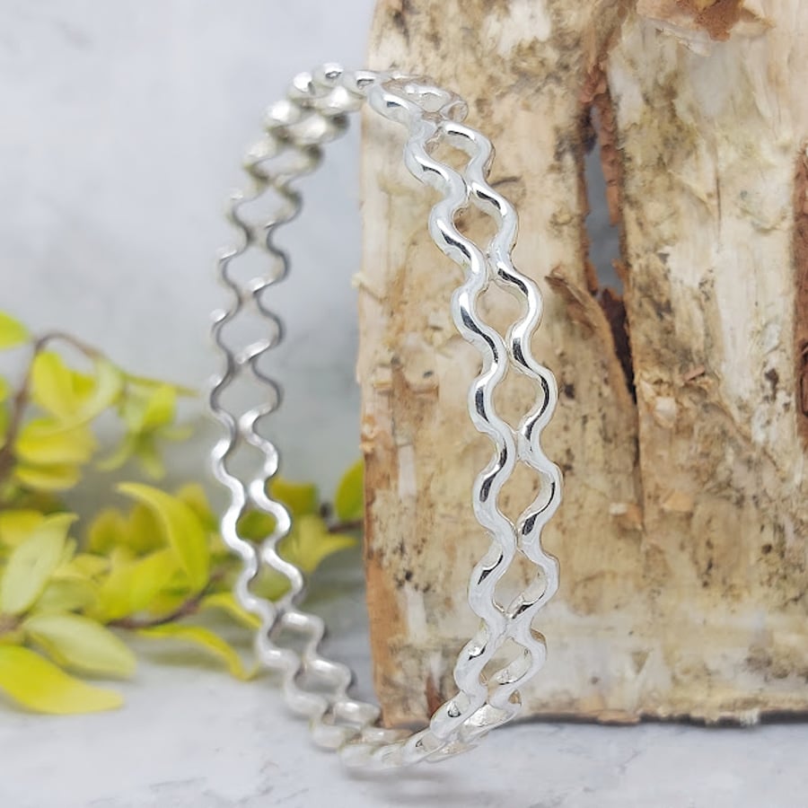 Sterling Silver Double Ripple Bangle - Folksy