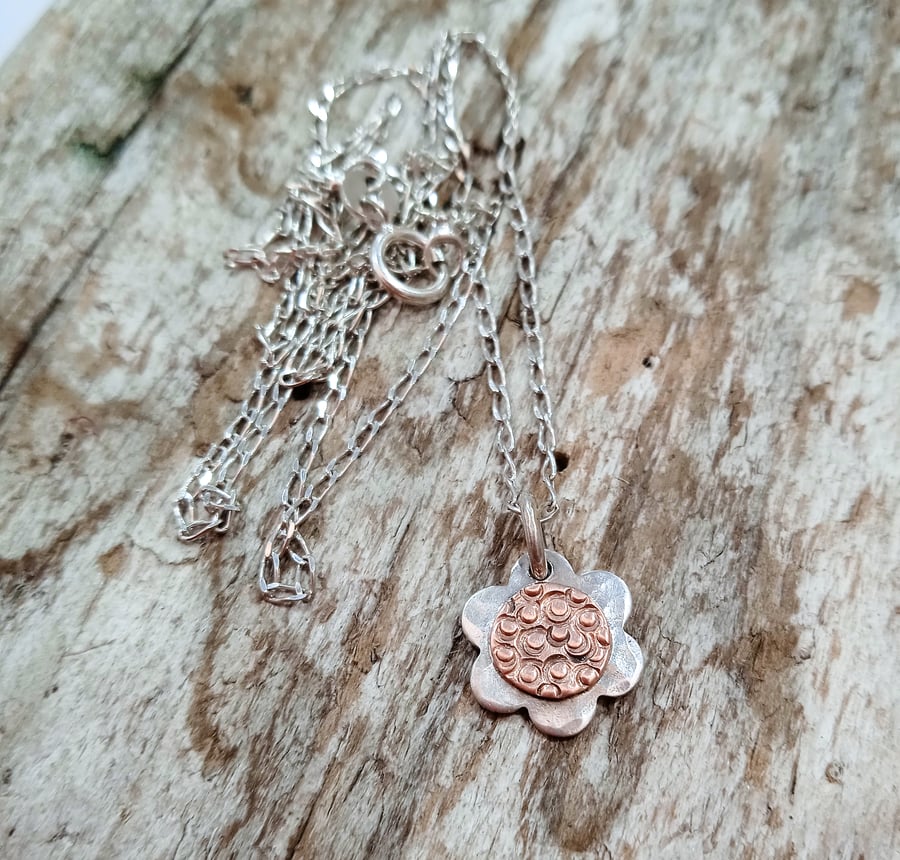 Sterling Silver and Copper Flower Pendant Neckl... - Folksy