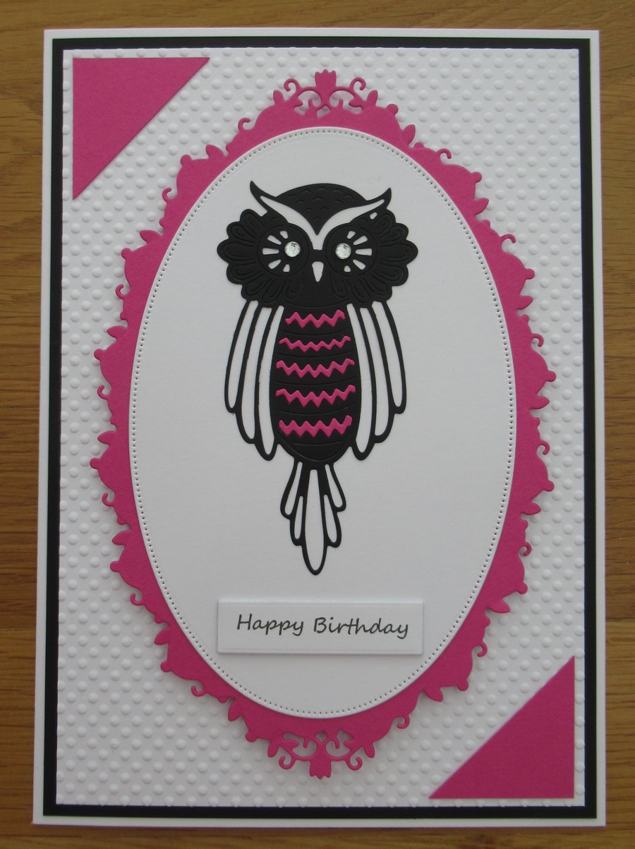 Owl Silhouette - A5 Birthday Card - Cerise Pink - Folksy